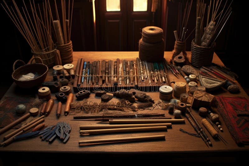 Weaving Tools Arranged on a Wooden Table Stock Illustration ...