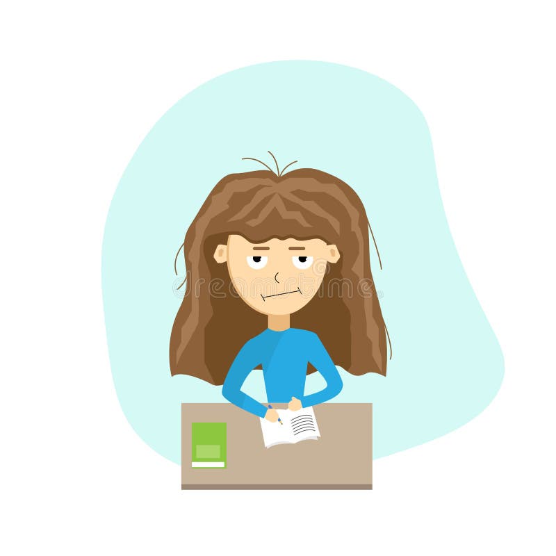 Sad and Tired Schoolgirl Doing Homework Stock Vector - Illustration of ...