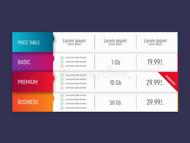 Price Table for Websites and Applications. Vector Illustration Stock ...
