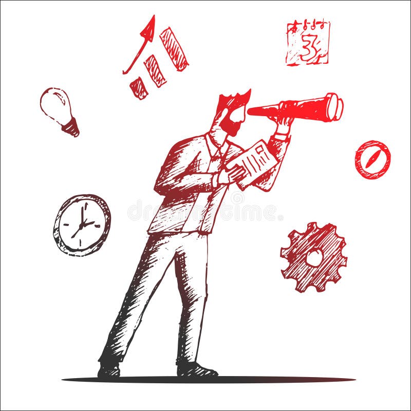 Hand Drawn Man Looking Forward with a Spyglass Concept Sketch. Stock ...