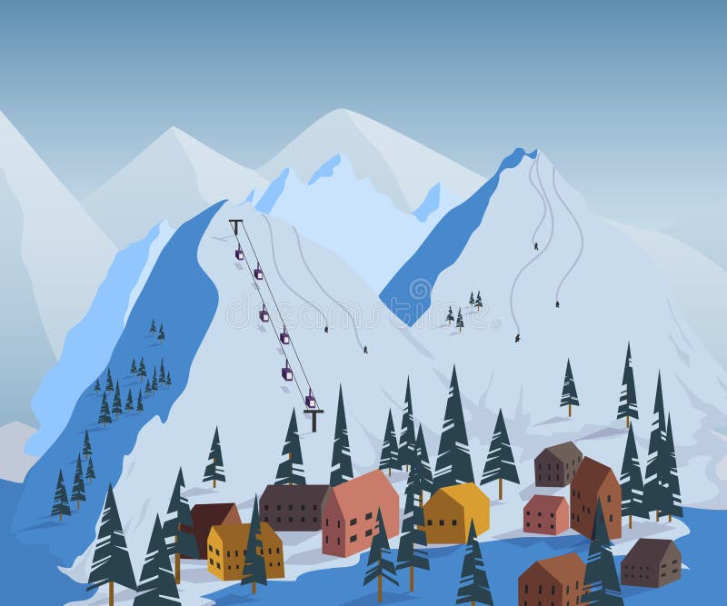Ski Resort. Beautiful Landscape with Mountains, Houses, Hotels, Fir ...