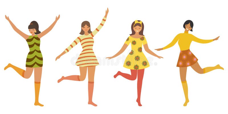 Vector Vintage Template with Cute Dancing Girls in Retro Style. Can Be ...