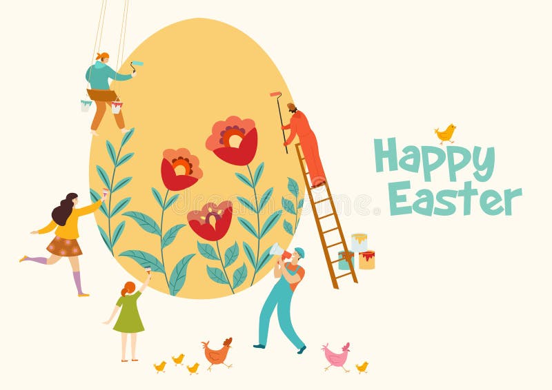 Happy Easter. Creative Idea Template with Happy People Decorating ...