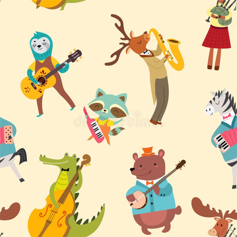 Animal Musicians Pattern. Vector Seamless Texture with Cute Animal Band ...