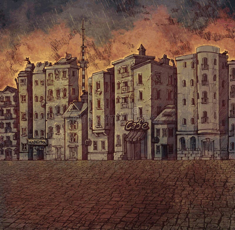 Night street drawing art stock vector. Illustration of rain - 143324251