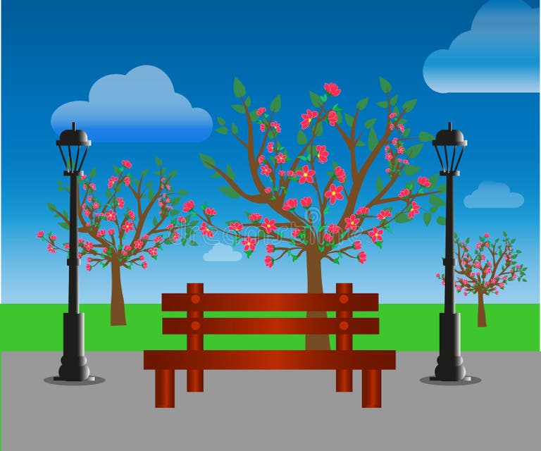 Web. City Summer Park with Green Trees Bench, Walkway and Lantern. Town and City Park Landscape ...