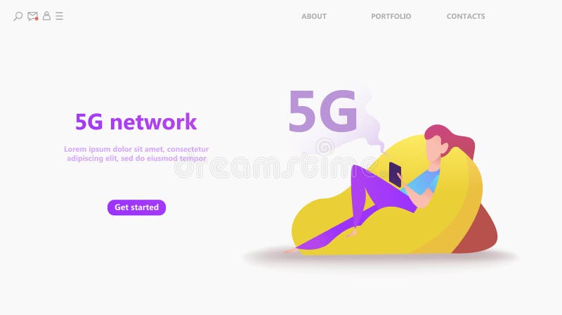 5G Network Concept. Cartoon Character Uses Fast Mobile Internet Lte ...