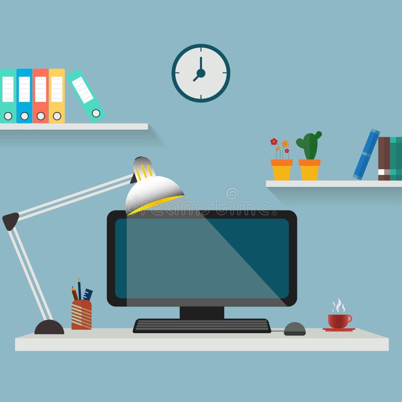 Office setup with computer stock vector. Illustration of keyboard ...