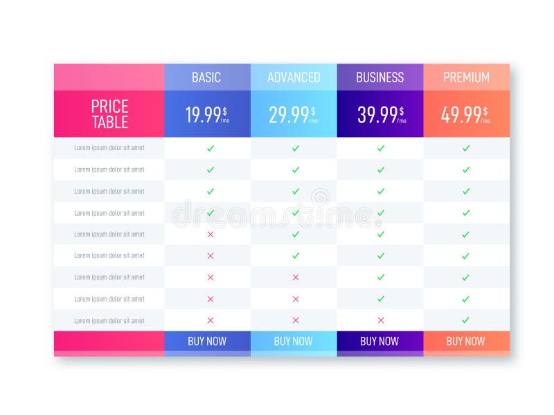 Price Table for Websites and Applications. Stock Vector - Illustration ...