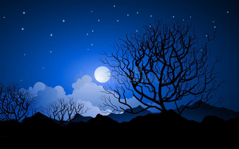 Bare tree in the moonlight stock vector. Illustration of bare - 145970175