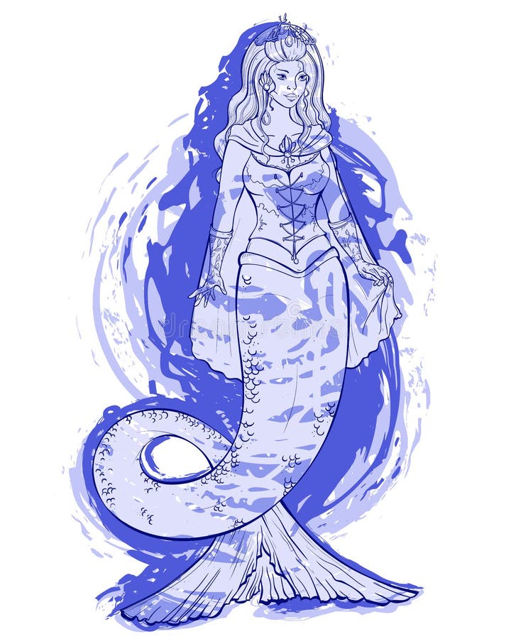 Mermaid on Blue Watercolor Background. Queen of Storm. Design for Print ...