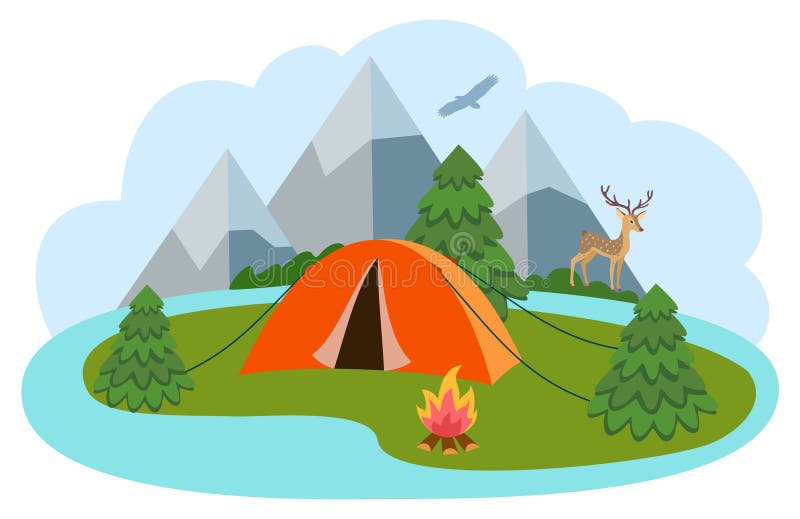 Vector Illustration of Mountain Camp Location for Travel, Tourism or ...
