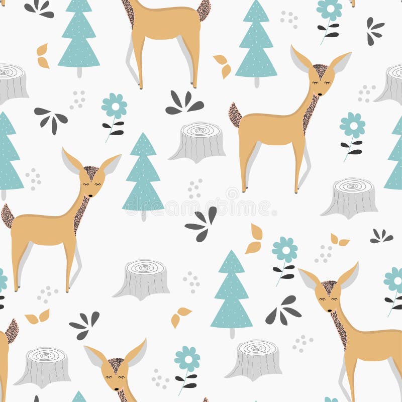 Kids Seamless Pattern with Cute Deer and Wildlife. Vector Design ...