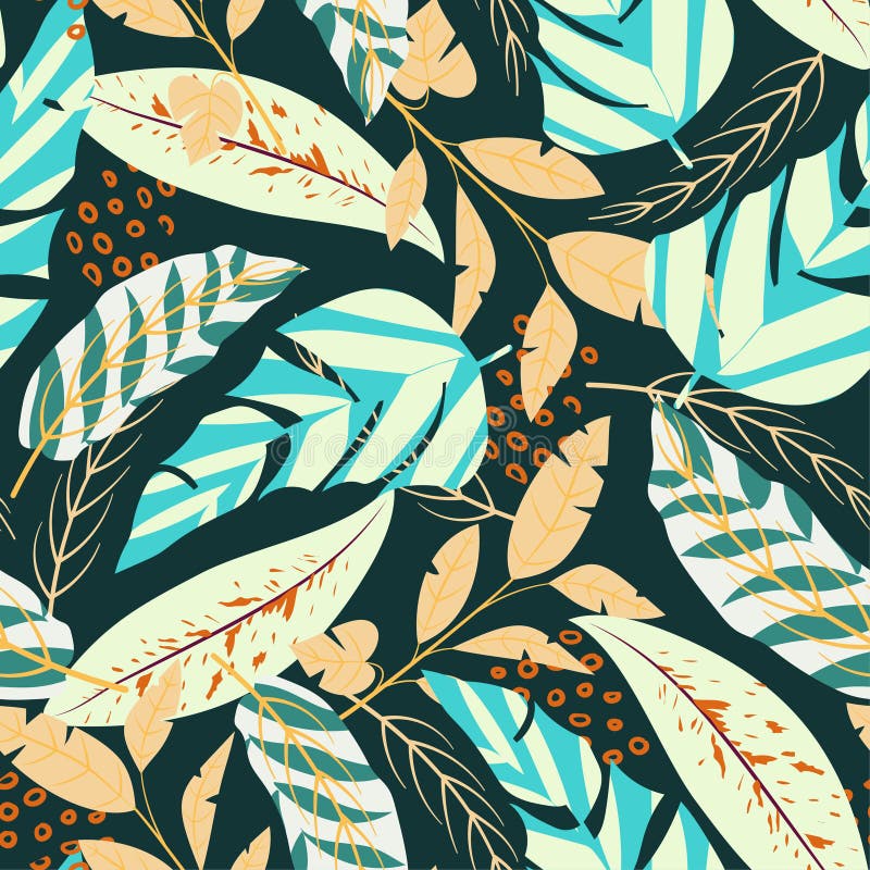 Bright Seamless Pattern with Tropical Leaves and Plants on a Dark Green ...