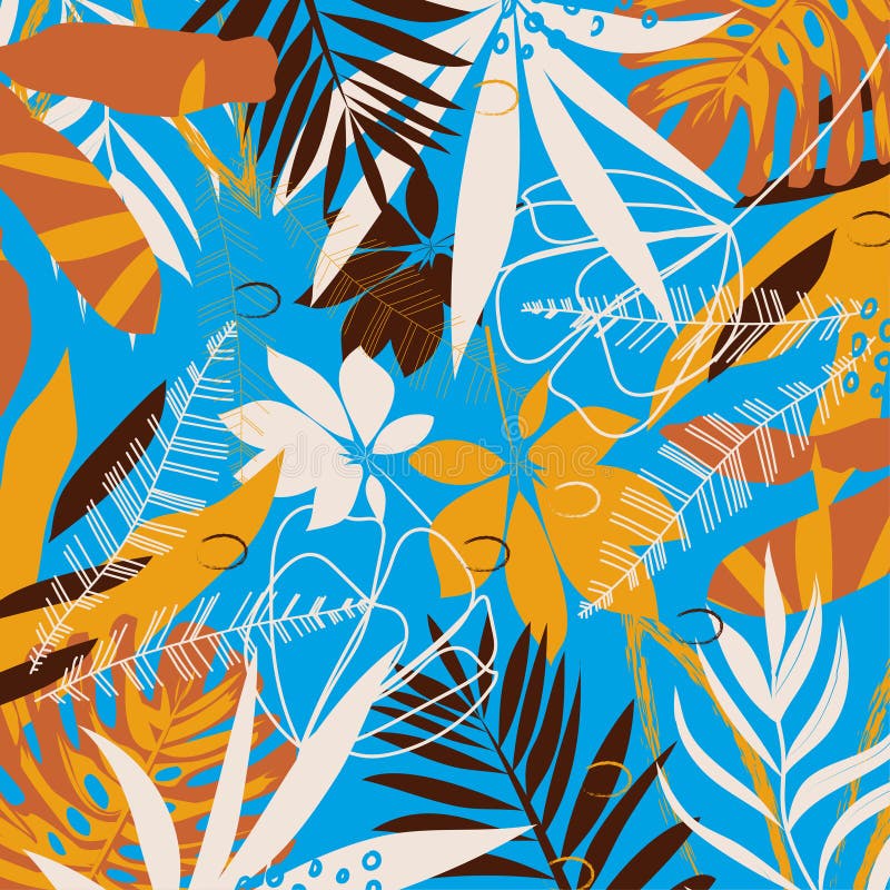 Abstract Pattern with Tropical Leaves and Plants on a Black Geometric ...