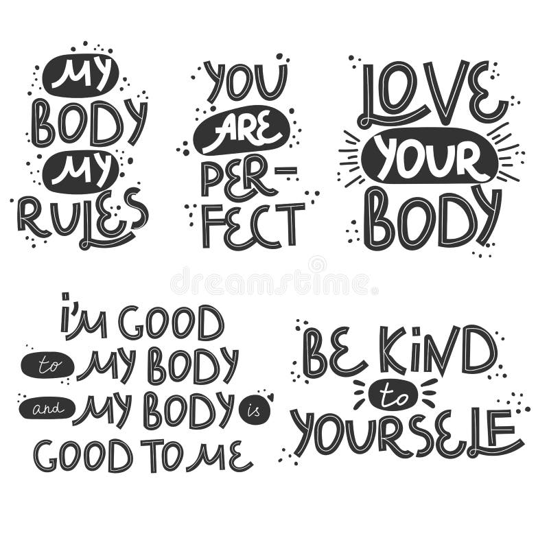 Set of Hand Drawn Quotes about Body Positive. Unique Style Lettering ...