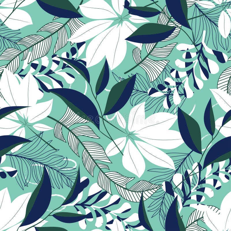 Summer Trend Seamless Pattern with Tropical Leaves and Plants on a ...