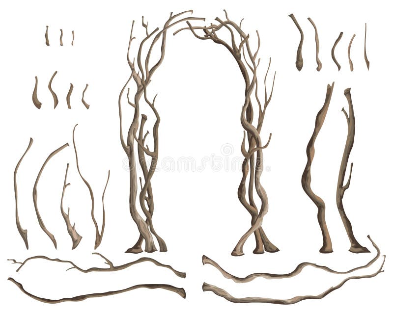 Rustic Arch with Tree Branches and Isolated Design Elements on White ...