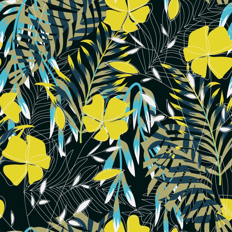Abstract Trend Seamless Pattern with Bright Tropical Leaves and Plants ...