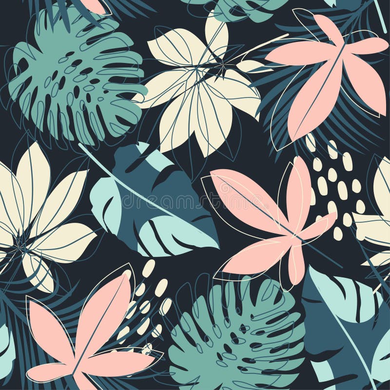 Abstract Trend Seamless Pattern with Bright Tropical Leaves and Plants ...