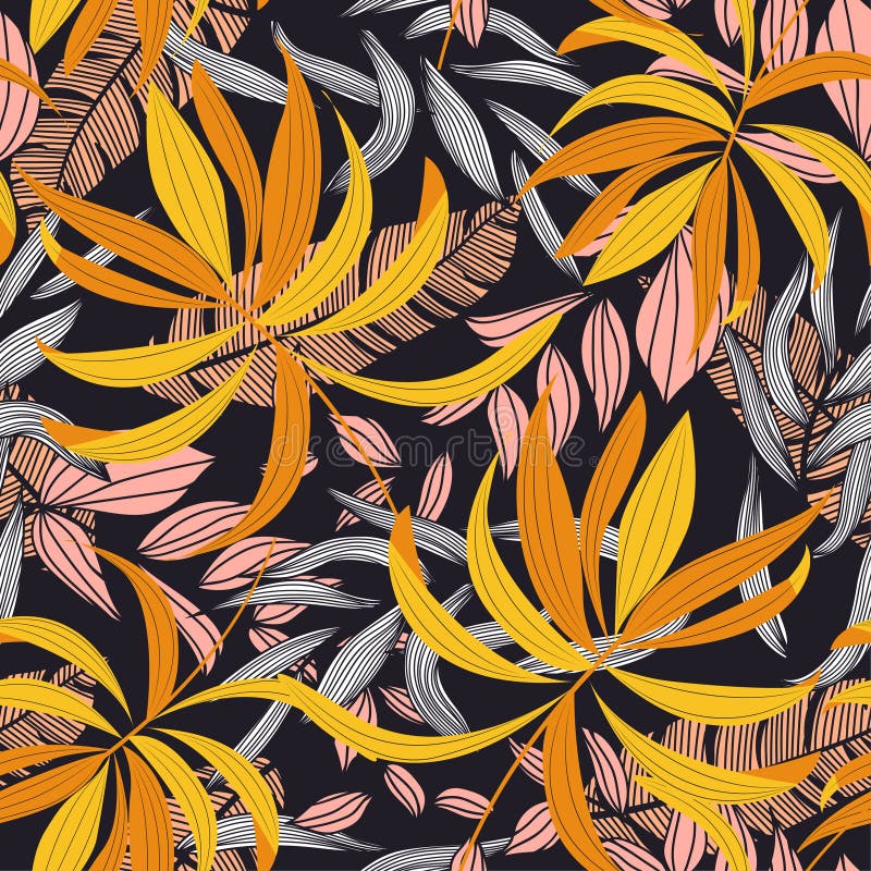 Summer Abstract Trend Seamless Pattern with Bright Tropical Leaves and ...