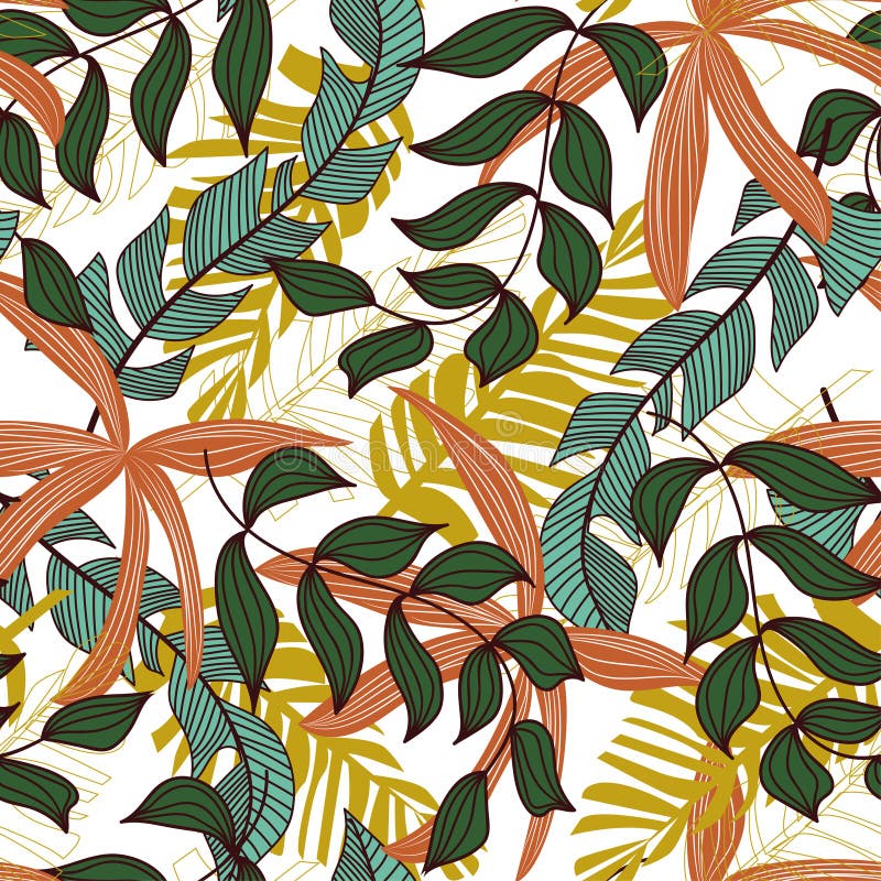 Summer Abstract Trend Seamless Pattern with Bright Tropical Leaves and ...