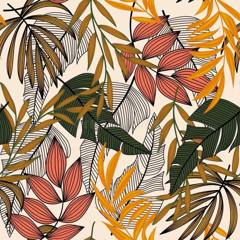 Summer Abstract Trend Seamless Pattern with Bright Tropical Leaves and ...