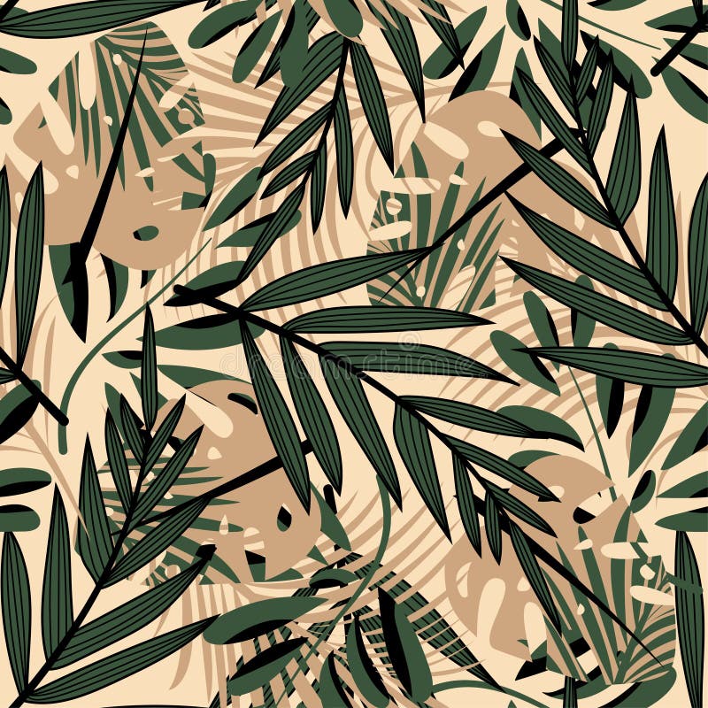 Summer Abstract Trend Seamless Pattern with Bright Tropical Leaves and ...