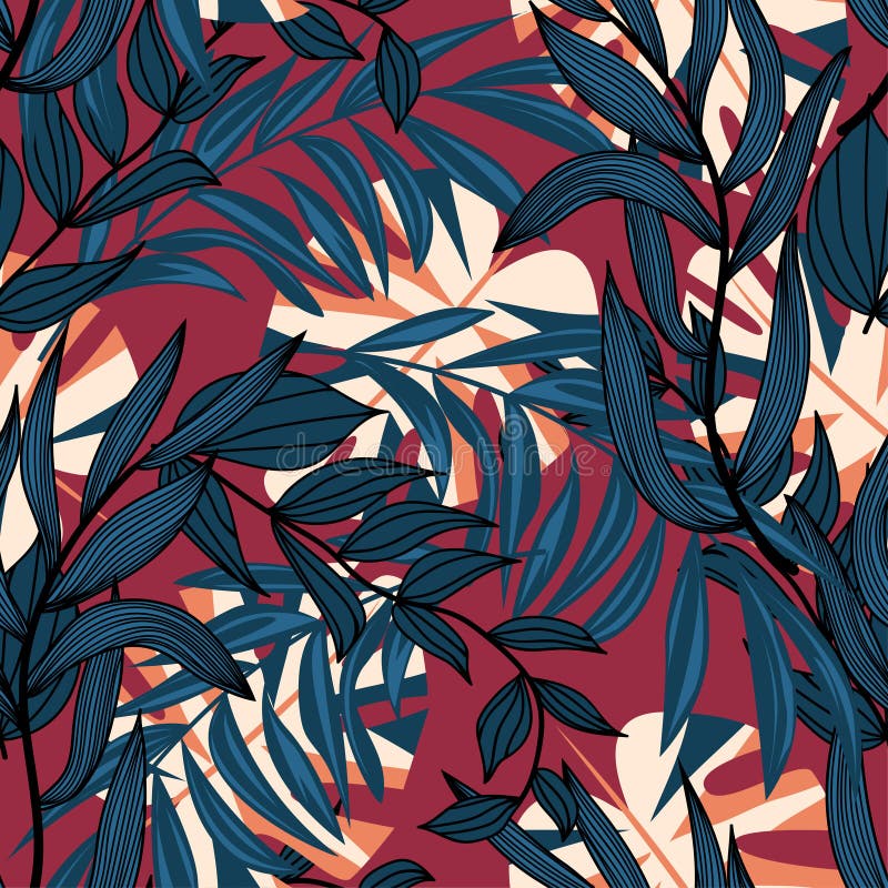 Summer Abstract Trend Seamless Pattern with Bright Tropical Leaves and ...