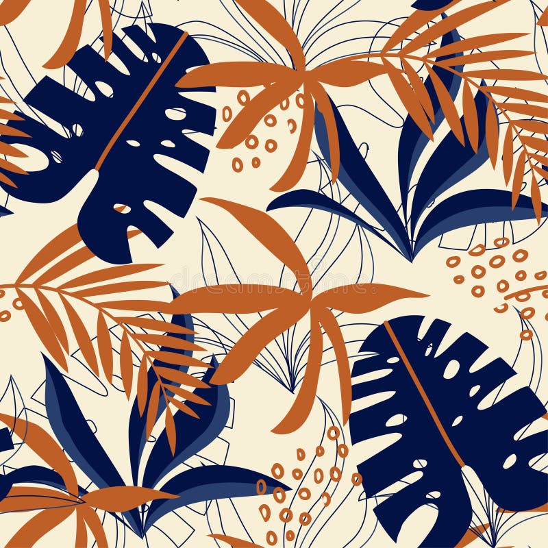 Summer Abstract Trend Seamless Pattern with Bright Tropical Leaves and ...