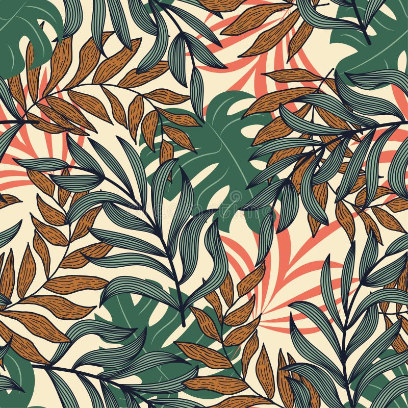 Summer Abstract Trend Seamless Pattern with Bright Tropical Leaves and ...