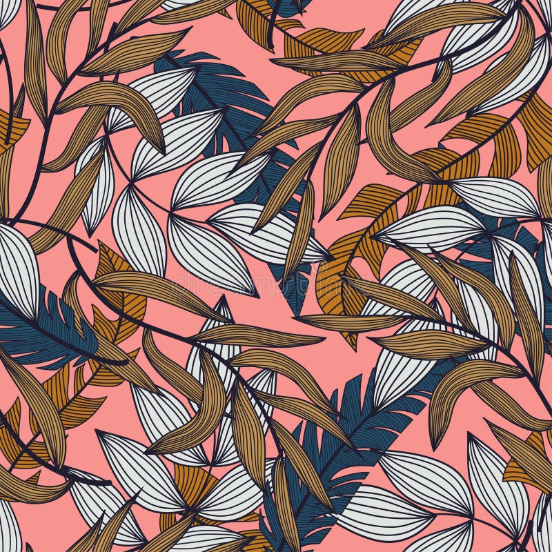Summer Abstract Trend Seamless Pattern with Bright Tropical Leaves and ...