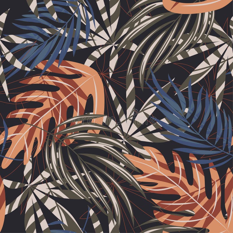 Summer Abstract Trend Seamless Pattern with Bright Tropical Leaves and ...