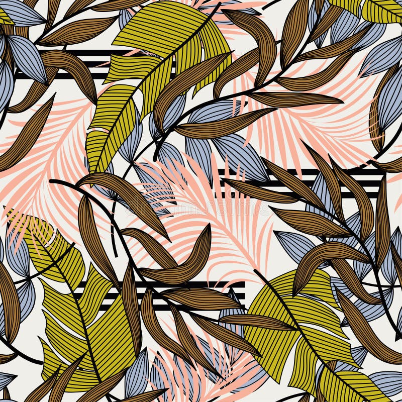 Summer Abstract Trend Seamless Pattern with Bright Tropical Leaves and ...