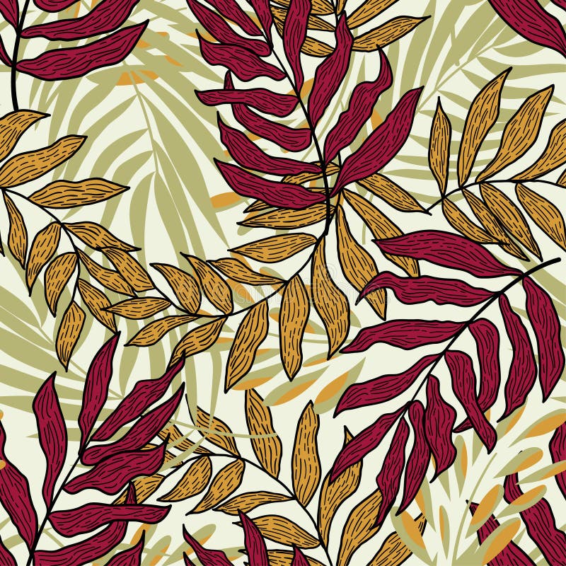 Summer Abstract Trend Seamless Pattern with Bright Tropical Leaves and ...
