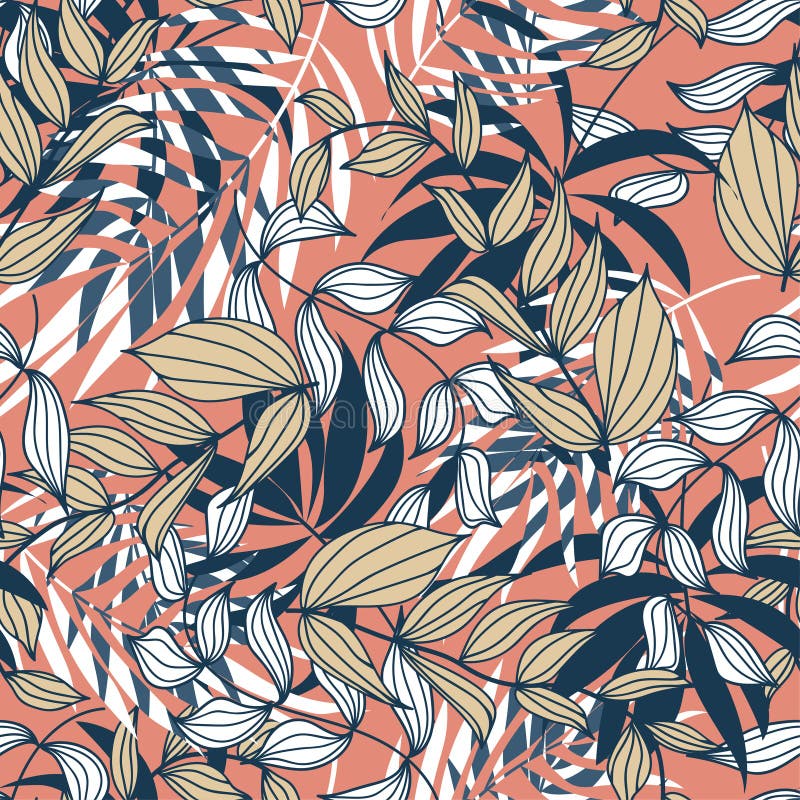 Summer Abstract Trend Seamless Pattern with Bright Tropical Leaves and ...