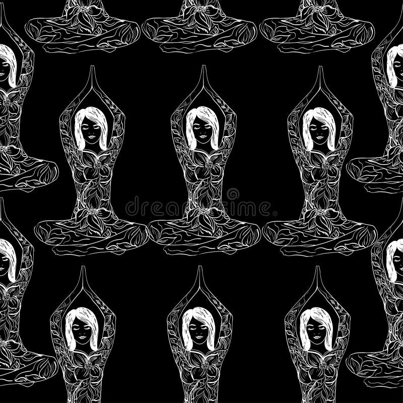 Seamless Pattern Girl in Stylized Meditation Pose Stock Illustration ...