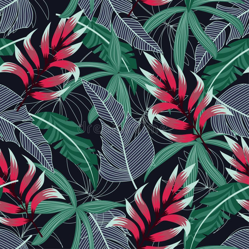Abstract Colorful Hawaiian Seamless Pattern with Tropical Plants and ...