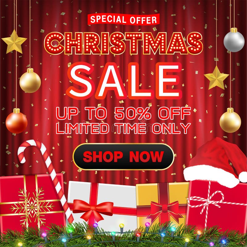 Christmas Sale Banner Design with Gift Box Stock Vector - Illustration ...