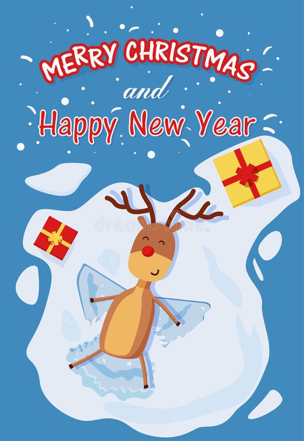Merry Christmas Greeting Card Illustrating a Reindeer Making a Snow ...