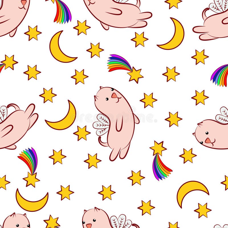 Golden Stars, Month, Comets and Winged Cats. Stock Vector ...