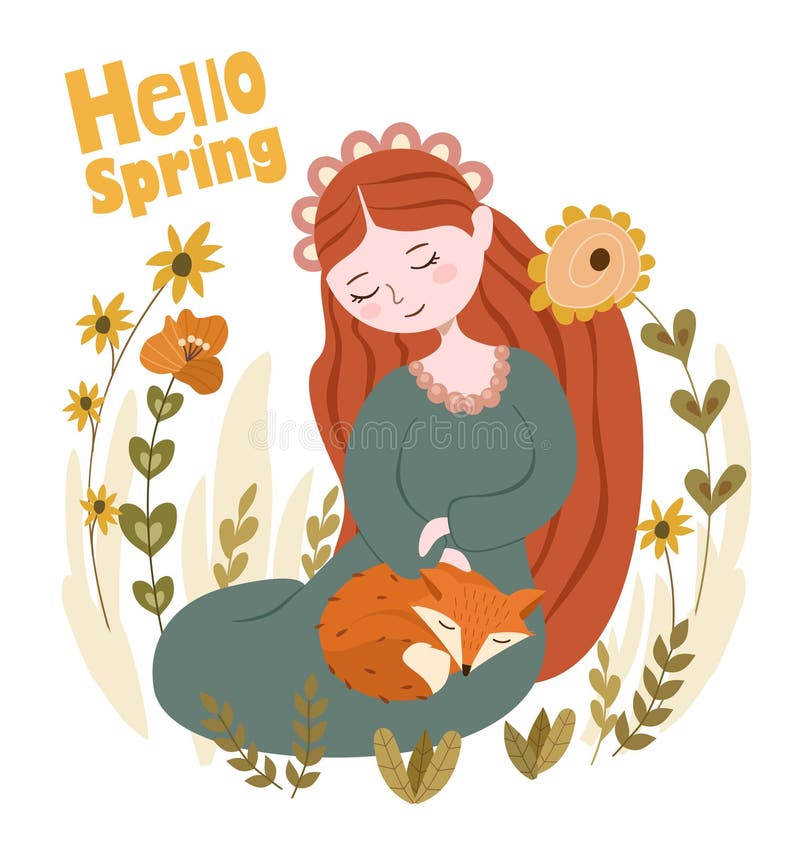 Spring Vector Illustration with Flowers, Girl and Fox. Beautiful ...