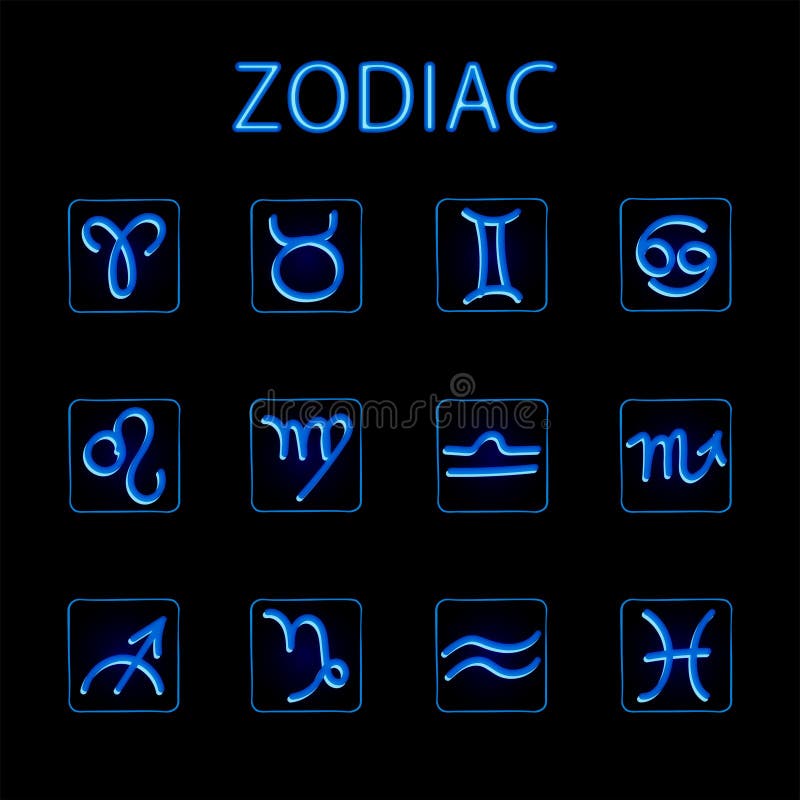 Zodiac Signs in Blue Neon Glow, Blue Shades on the Horoscope Icons ...