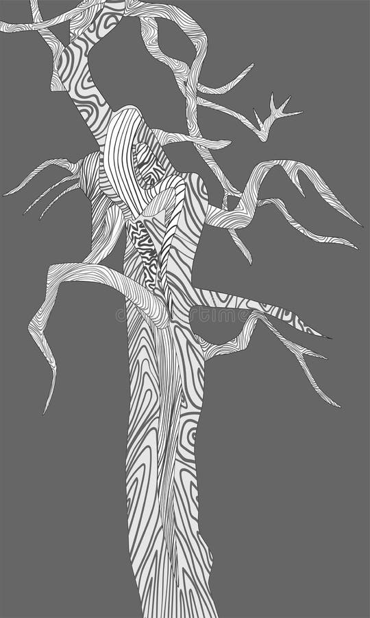 B&W Decorative Illustration of Pine Tree. Snag, Standing Dead Tree ...