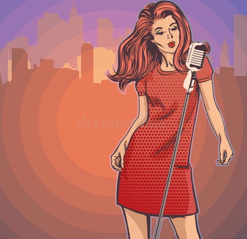 Poster with Woman Singer. Red Dress on Woman. Retro Microphone. Jazz ...