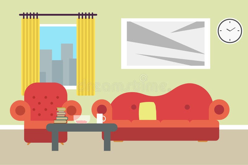 Living Room with Furniture. Daylight Apartments . Hotel Suite with City ...