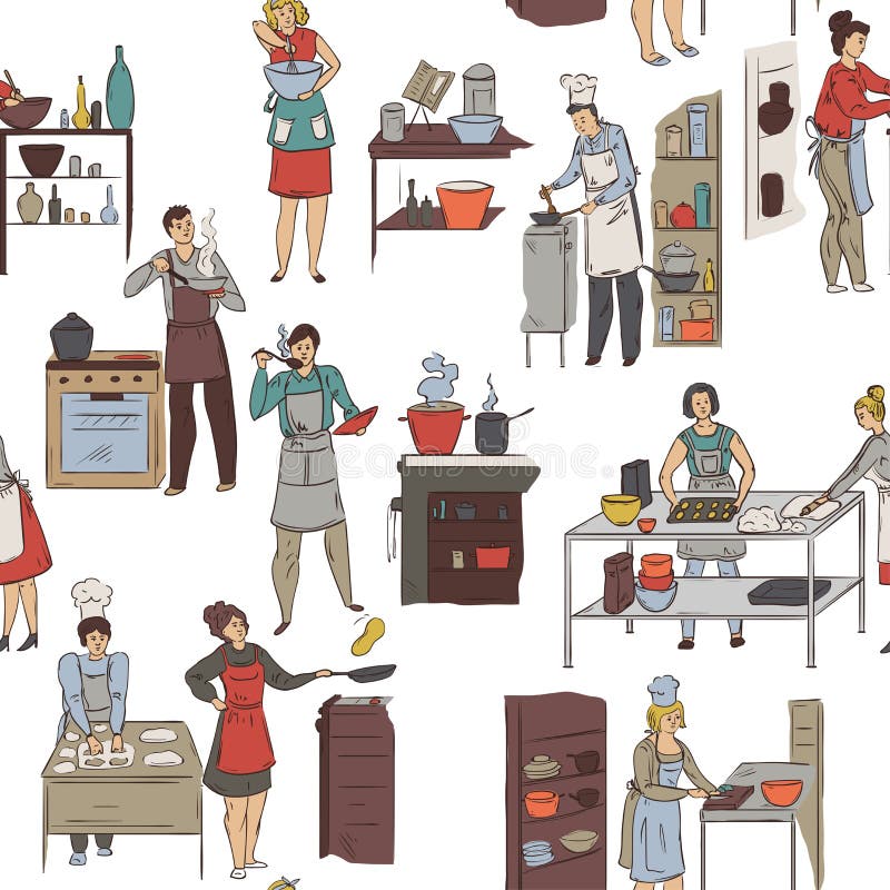 Seamless Pattern with Cooking People. Group of People Preparing Meals ...