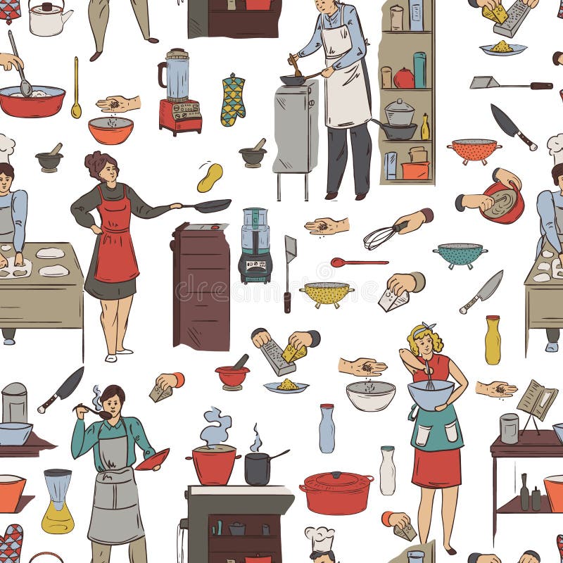 Seamless Pattern with Cooking People, Kitchen Utensils and Appliances ...