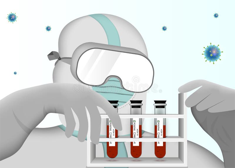 Test Tube with Blood Sample. Scientist with Biohazard Protection Cloth ...