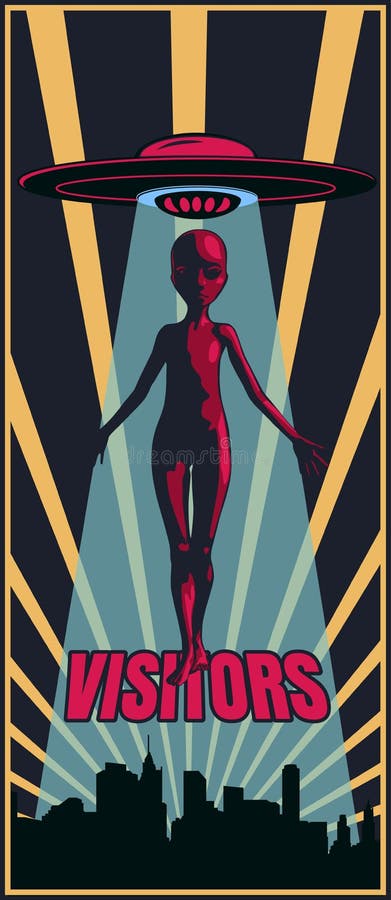 Alien Visitors Come To City, UFO, Alien and Cityscape. Vector Image ...